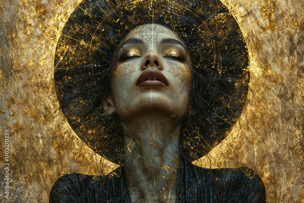Ethereal female portrait with gold leaf halo effect and closed eyes in ...