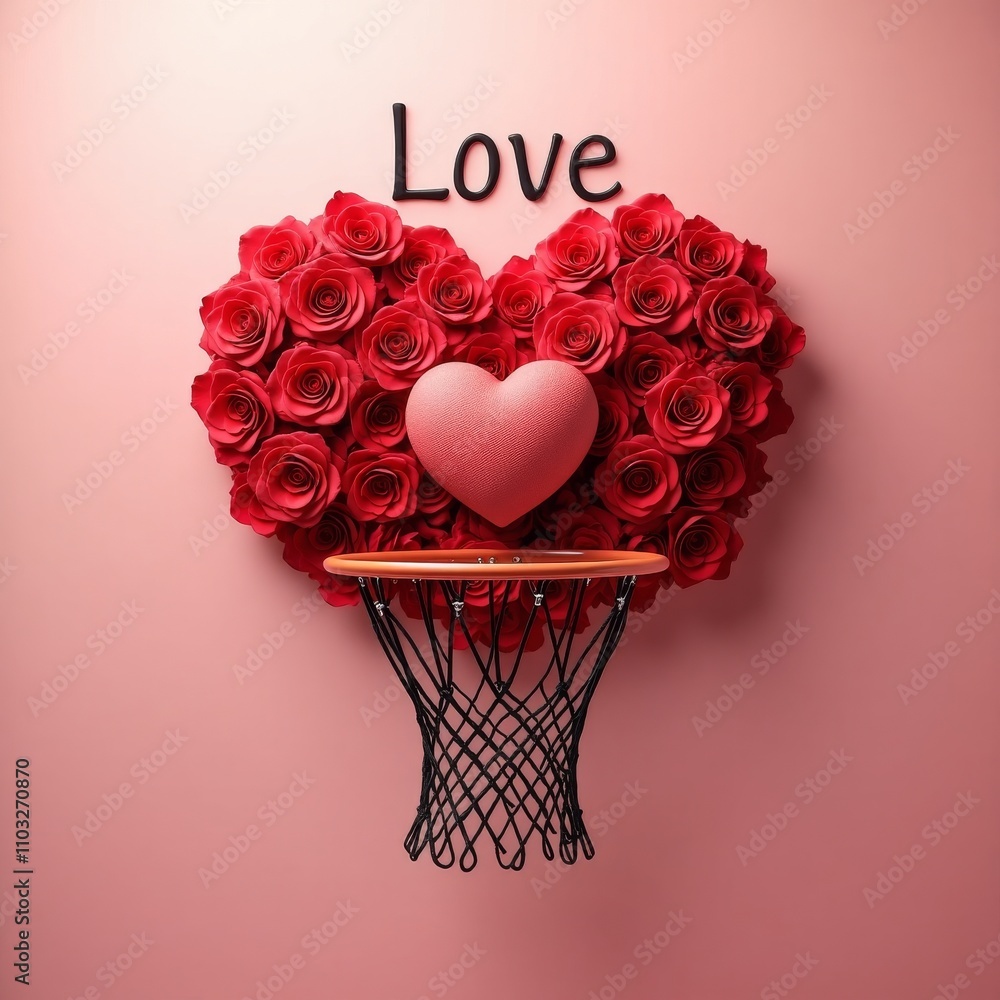 Valentine basketball love. A heart-shaped arrangement of roses with a ...
