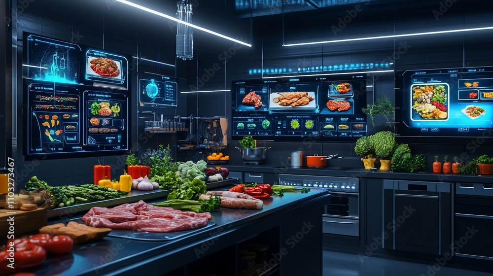 Futuristic kitchen with interactive displays showing food options and ...