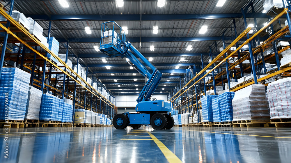 Warehouse Interior, Blue Articulated Boom Lift in a Modern Distribution ...