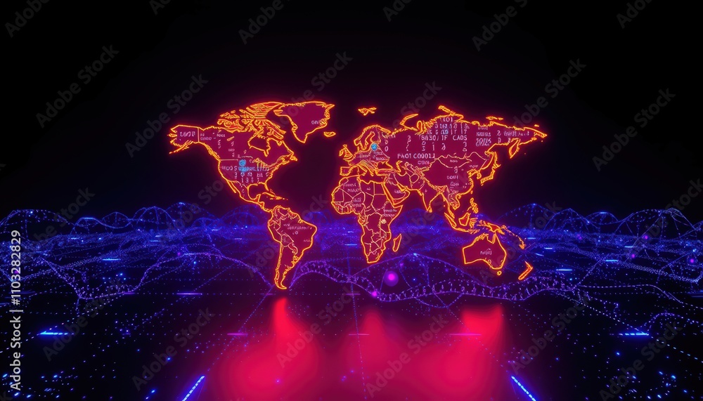 ภาพประกอบ Stock Cyber World Map with Abstract Continents | Adobe Stock