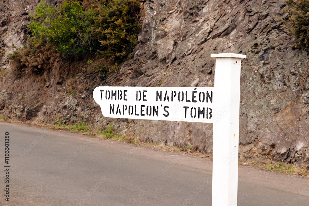 Directional Sign pointing to Napoleon Bonaparte's tomb on Saint Helena ...