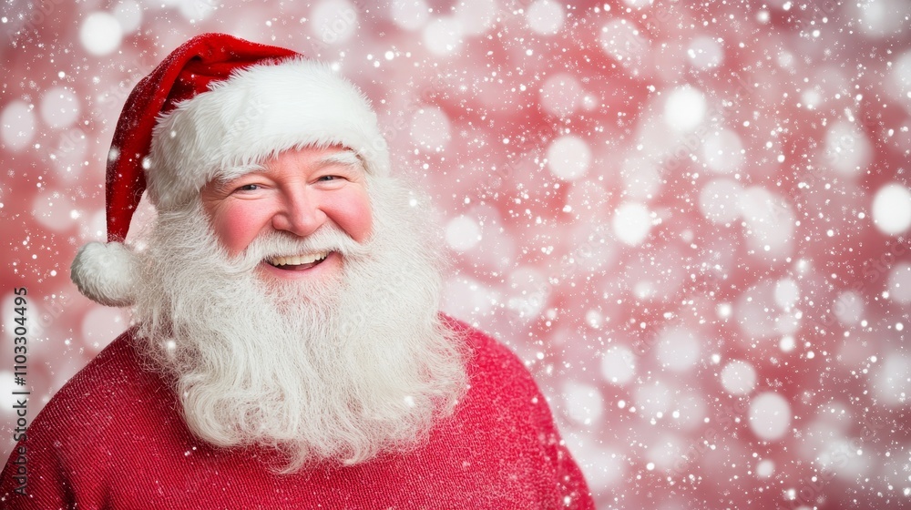 Santa Claus is captured in a macro side shot with a soft pink backdrop ...