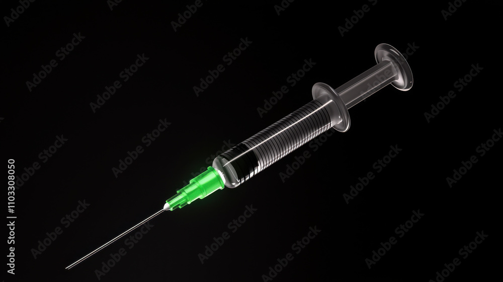 3D render of syringe with green light on black background, showcasing ...