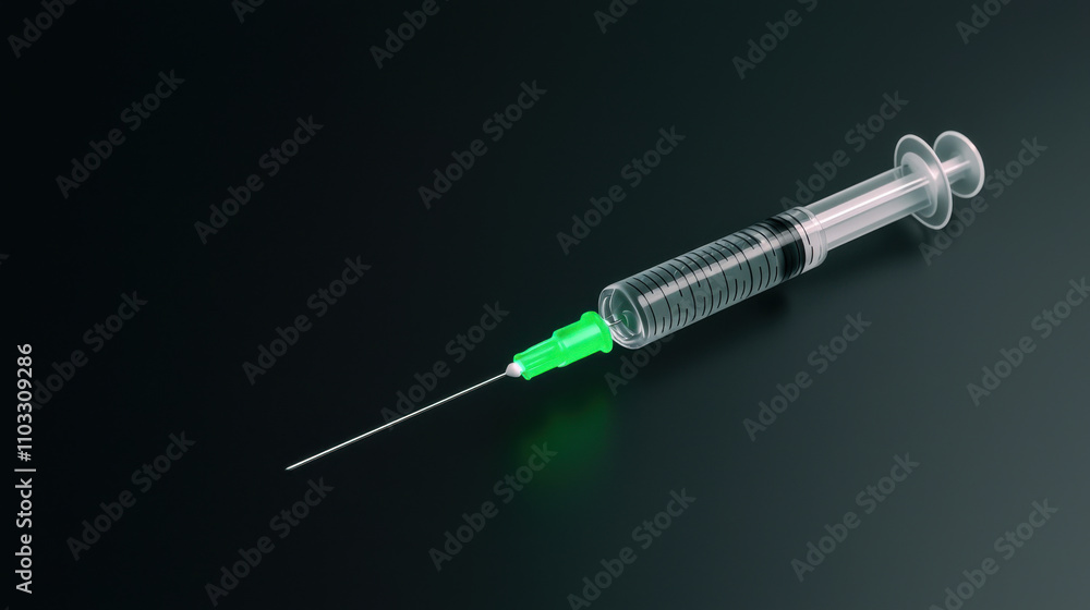 3D render of syringe with green tip on black background, showcasing its ...