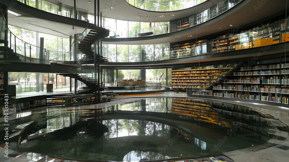 Circular Library, Modern Architecture with Reflective Pool, Bookshelves ...