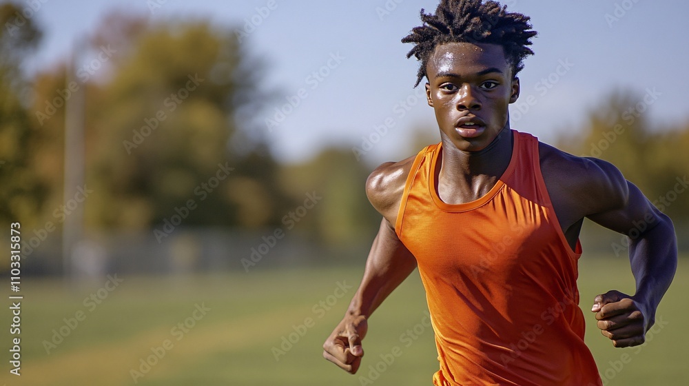 Determined Young Athlete Sprinting Across Open Field with Muscles ...