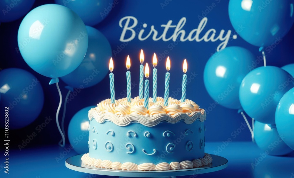 Blue tone birthday cake with candles and balloons blue balloons cream ...