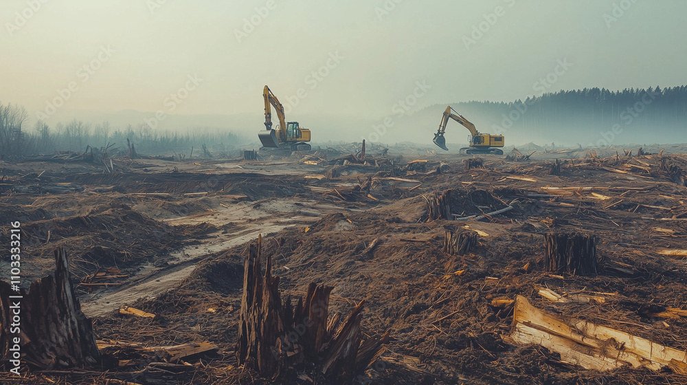 wide angle view of deforestation with excavators clearing land under a ...