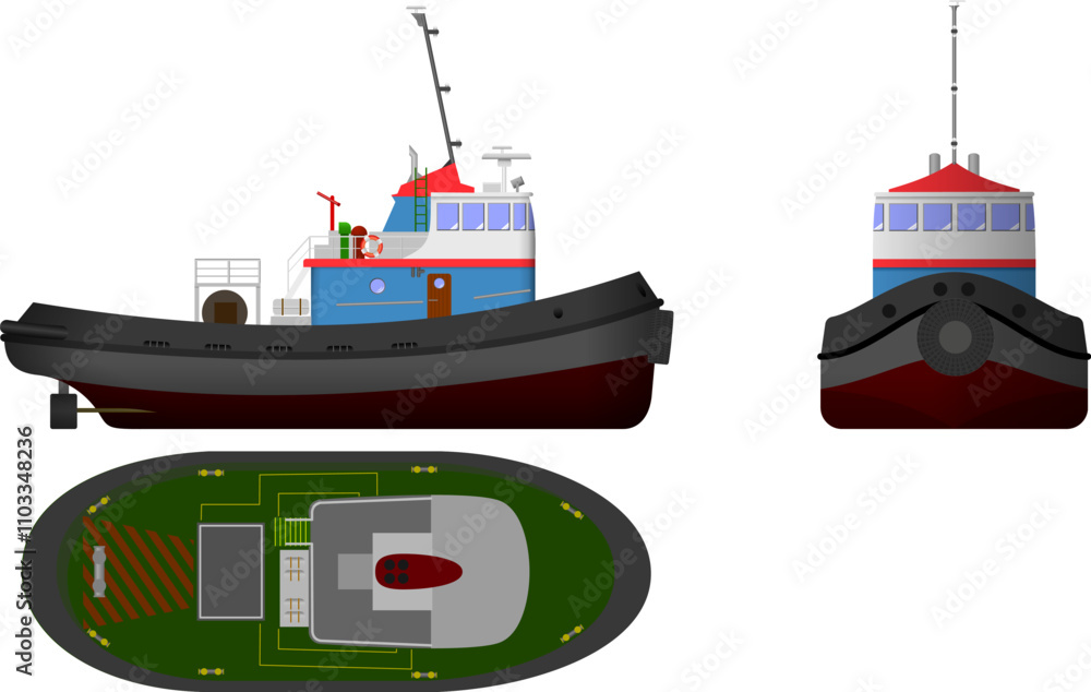 Large Twin Screw Tug Boat. Side, top and front profile of a large tug ...