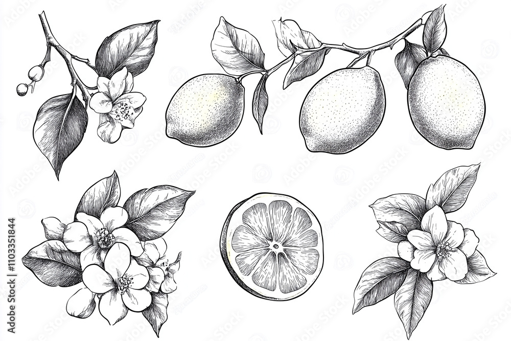 Hand drawn etching lemon with leaves and flower set. Fruit tree branch in sketch style, whole ...