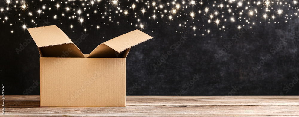 cardboard box is open, revealing its empty interior, with rays of light ...