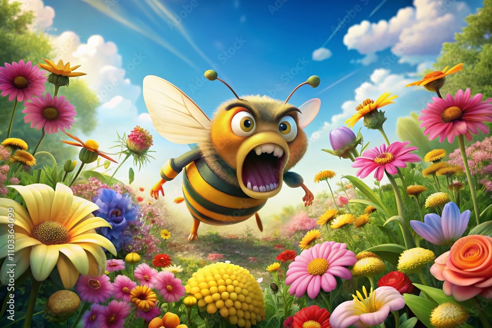 Angry Bee Cartoon in a Colorful Garden with Flowers and a Sunny Sky ...