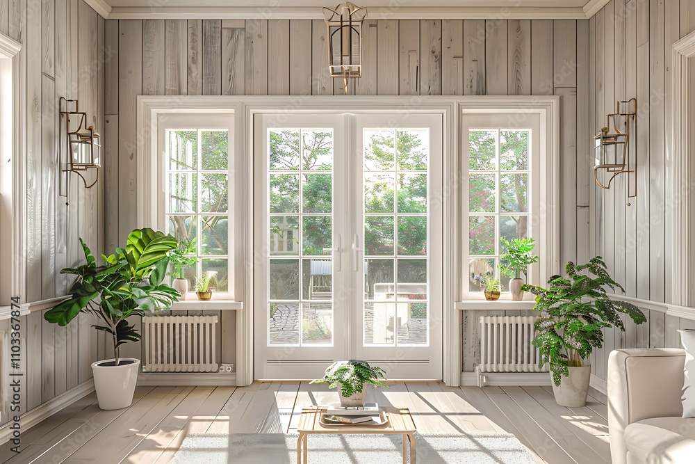 Sunroom interior with white French doors, wooden walls, front door view ...