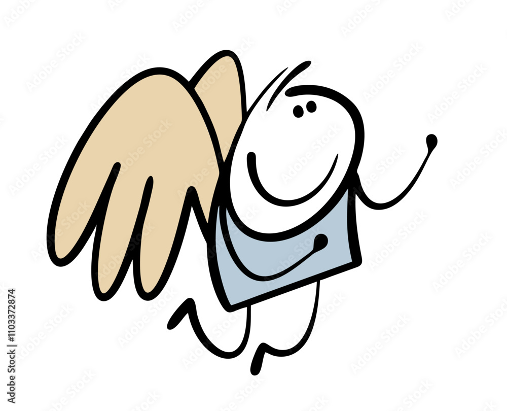 Cartoon happy boy made wings out of feathers. Vector illustration of a ...