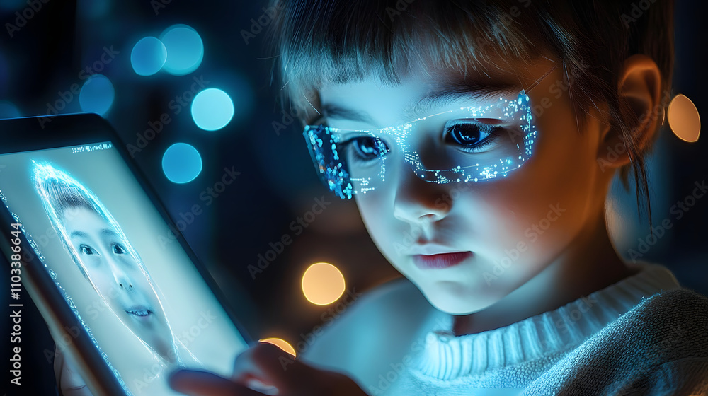 School child using a tablet with a digital hologram featuring face ID ...