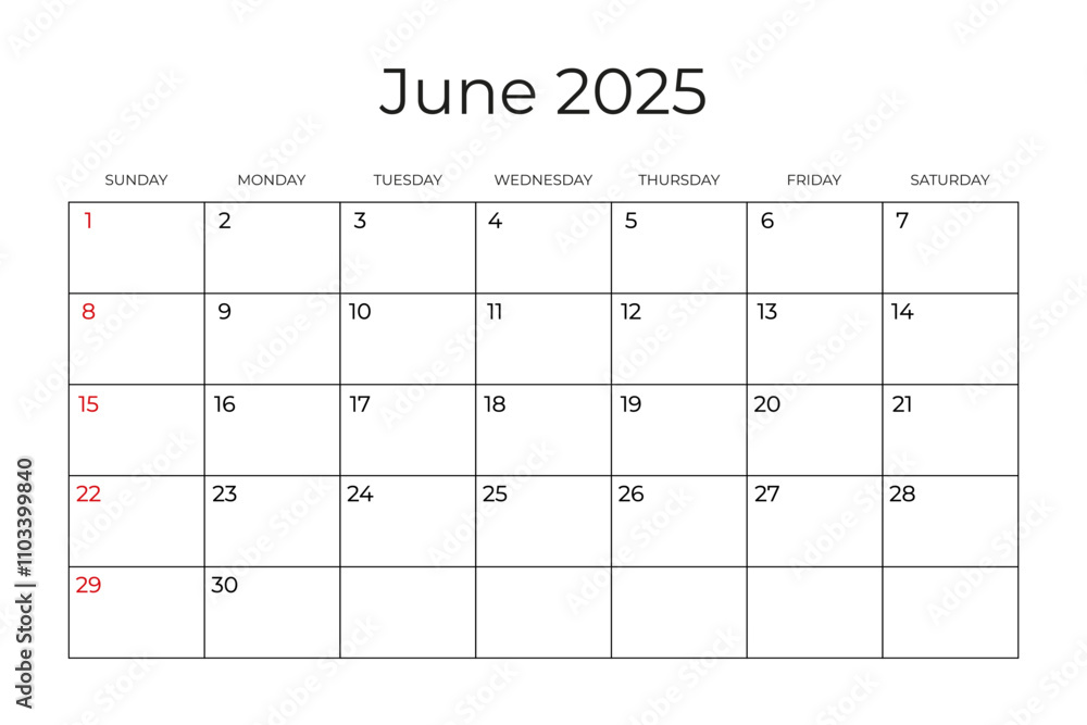 Printable Monthly Calendar template for June 2025. Week Starts on ...