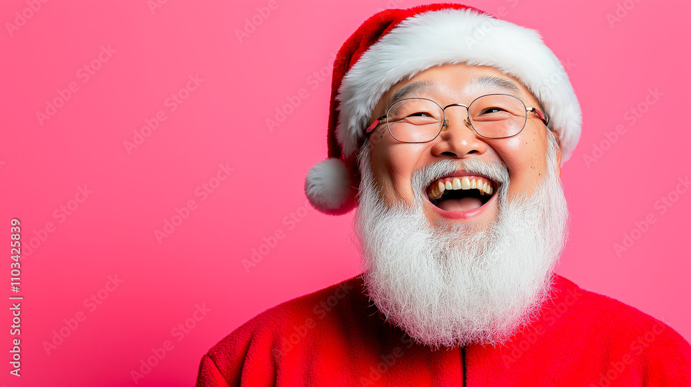 Bust Portrait of Laughing Asian Santa Claus in Red Suit with Soft White ...