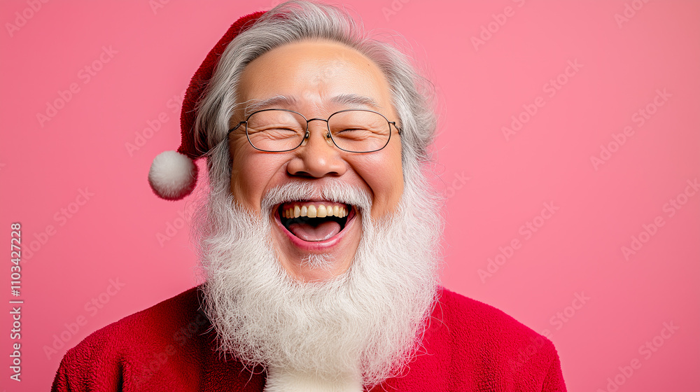 Bust Portrait of Laughing Asian Santa Claus in Red Suit with Soft White ...