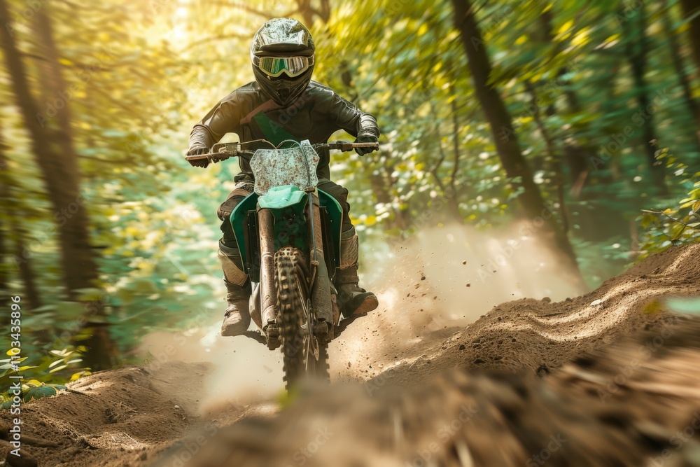 Dynamic Motocross Rider Navigates Through Lush Forest Trails in Action ...
