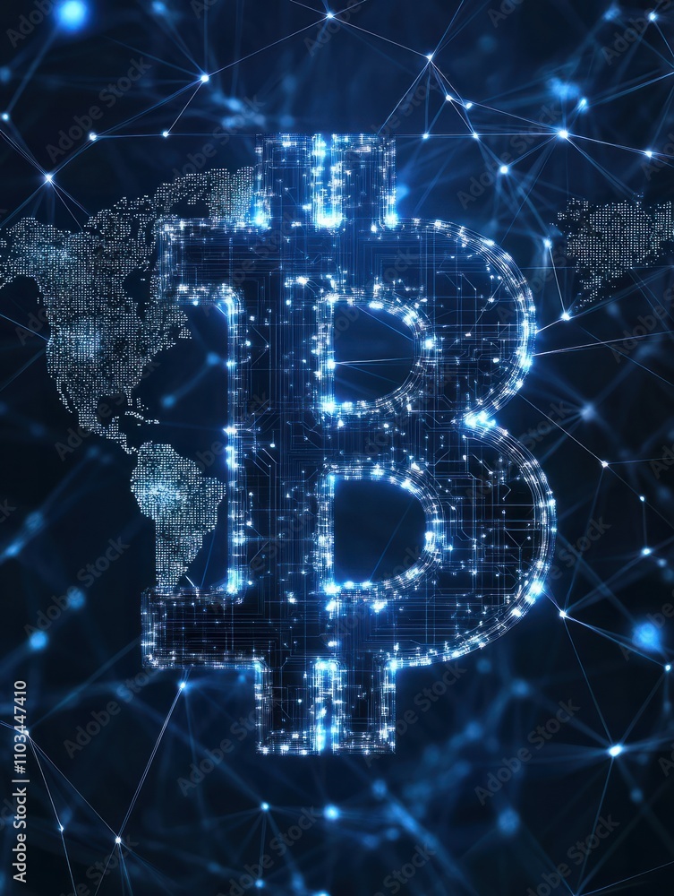 4IR on the background of polygon world map with blockchain technology ...