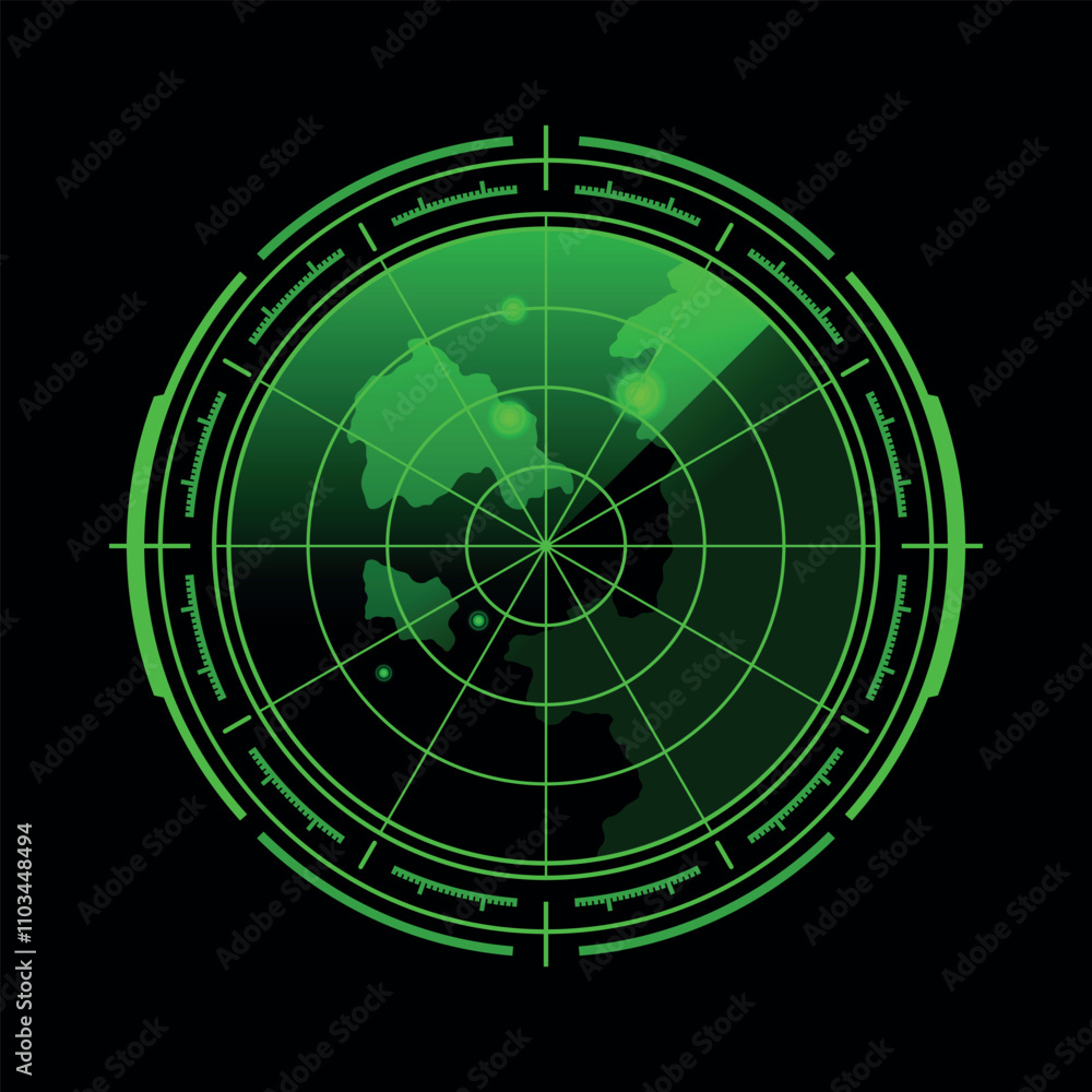 Radar screen displaying green signals on a black background for ...