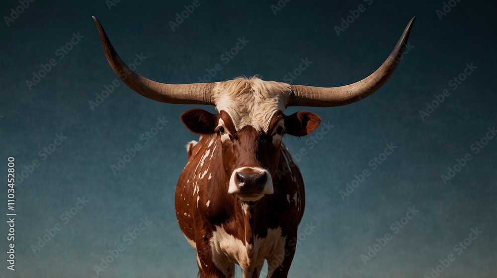 Beautiful studio portrait of white and brown texas longhorn cow ...