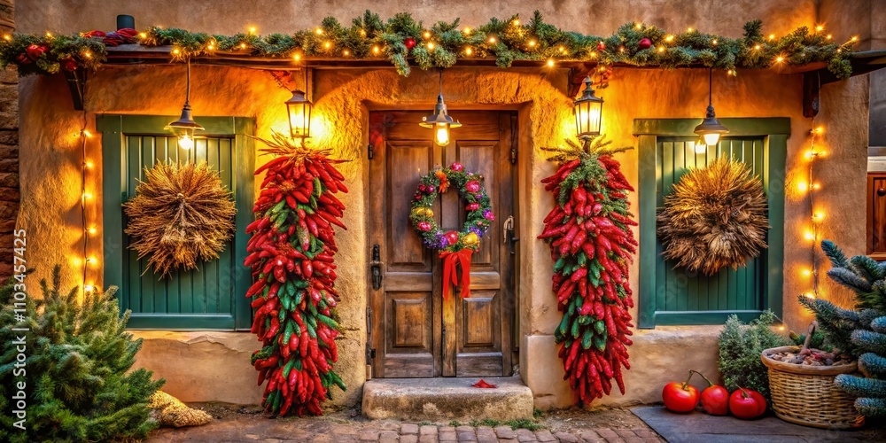Captivating Santa Fe Adobe Doors Adorned with Festive Chile Ristras for ...