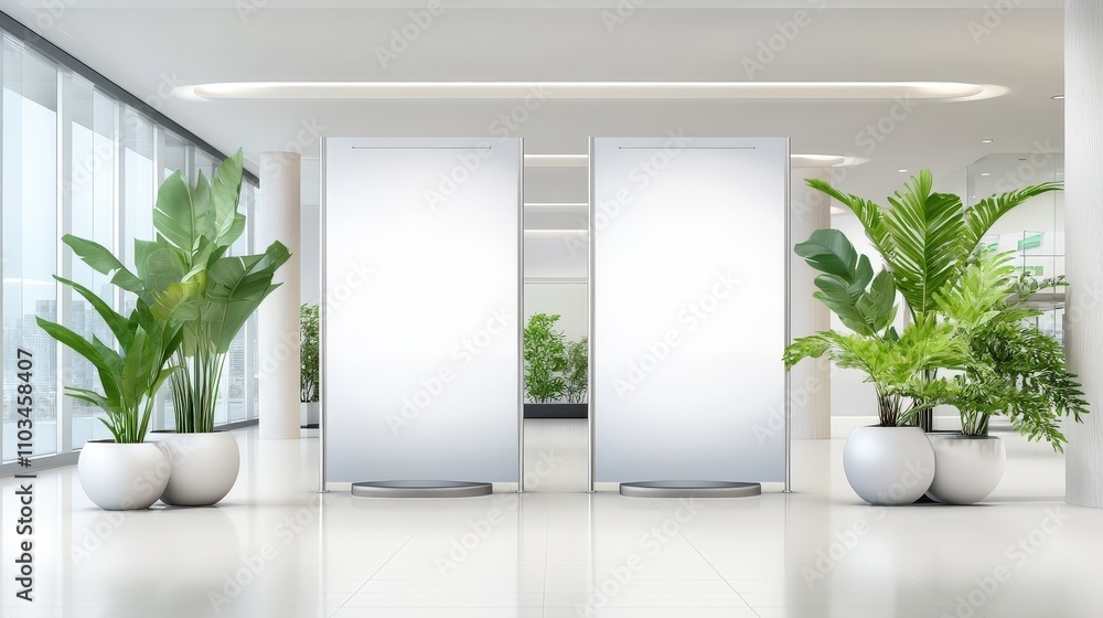 Modern office hall featuring two roll-up standee banners, ideal for ...