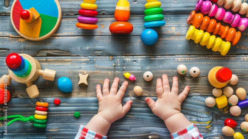Baby hands exploring colorful wooden toys on a rustic wooden table ...