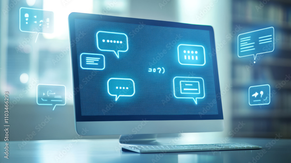 Chatbot abstract logo on a computer monitor screen and speech bubbles ...