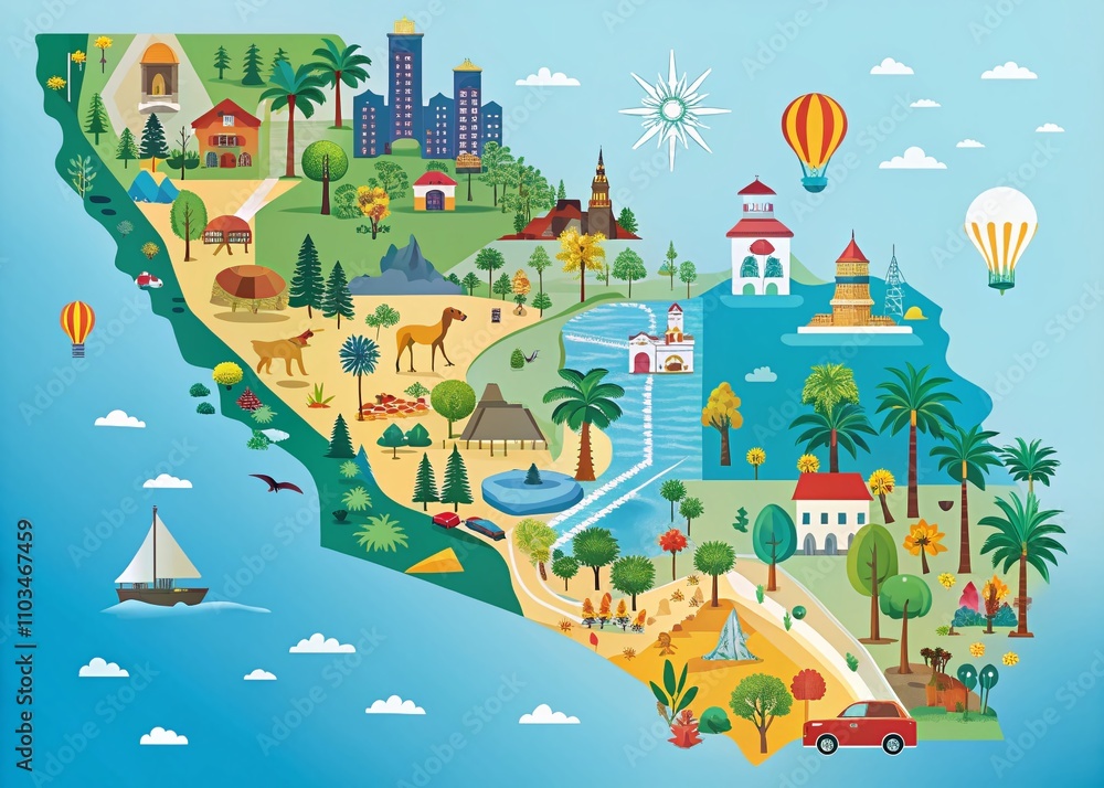 Cartoon Map of California Featuring Iconic Landmarks and Silhouette ...