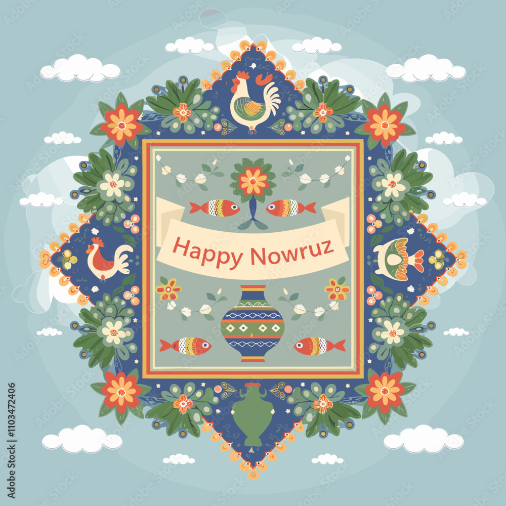 Traditional Happy Nowruz Frame with Cultural Symbols Stock Vector ...