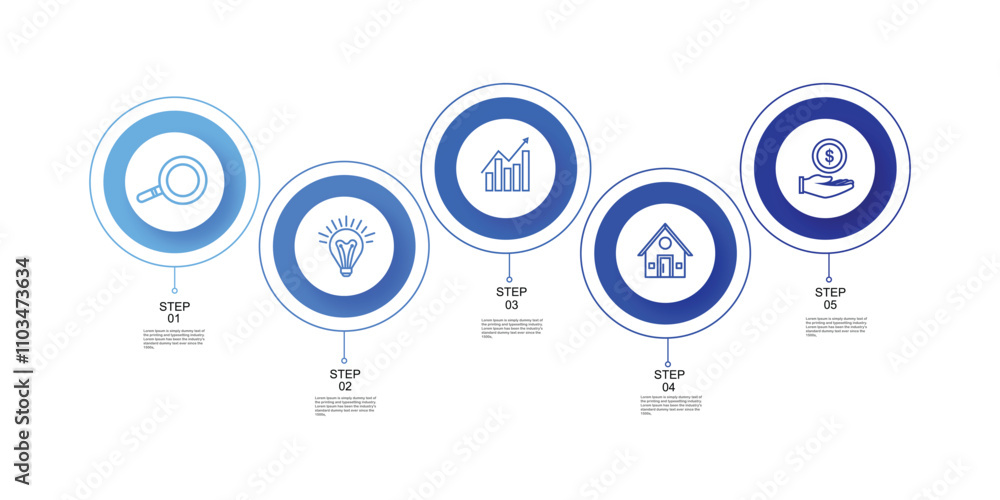 Process flow infographic. 5 steps graphic diagram, circle business ...