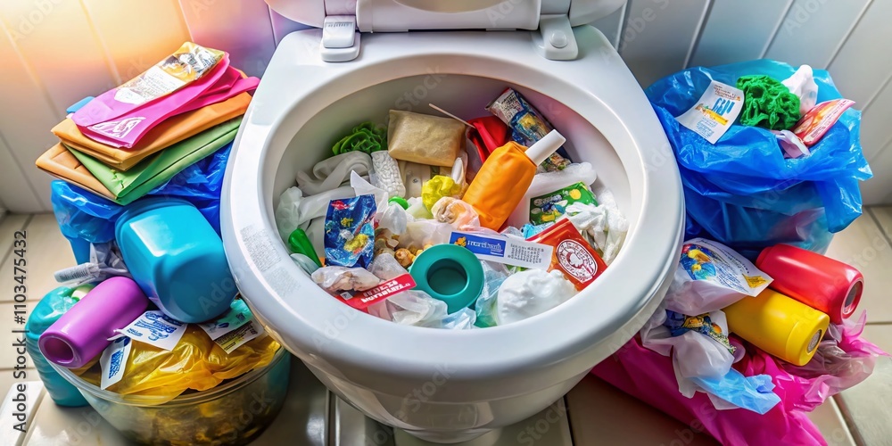 Clogged Toilet with Warning Against Flushing Foreign Objects Including ...