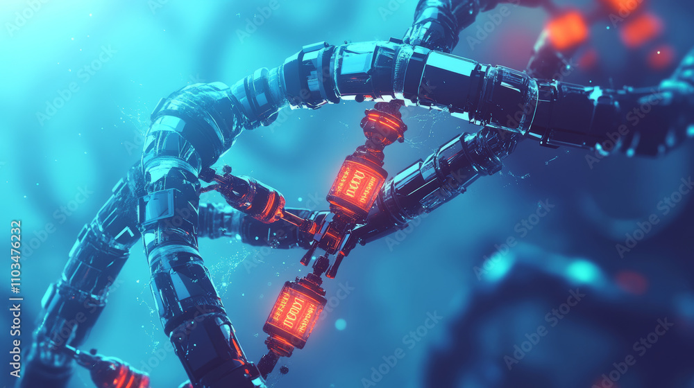 3d robotic arm and tool modifying DNA helix. Abstract low poly DNA ...