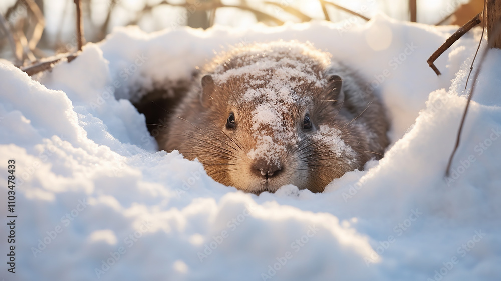 Photo Stock cute fluffy groundhog wakes up in his burrow day, the onset ...