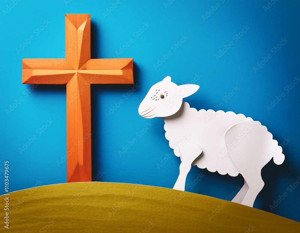 Paper cut illustration of a lamb beside a cross on Calvary hill ...