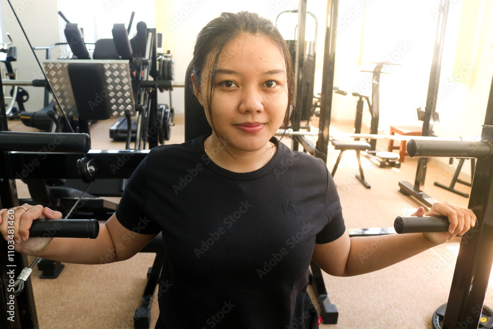 Sporty woman exercising on multi station in gym for arm and shoulder ...