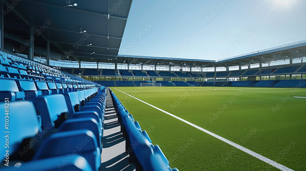 A 3D model of an amateur football field stand, viewed from the pitch ...