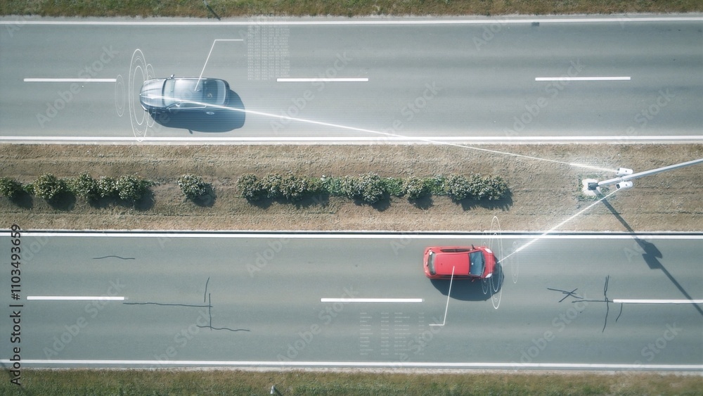 Road safety CCTV camera observes and scans passing cars. Digital ...