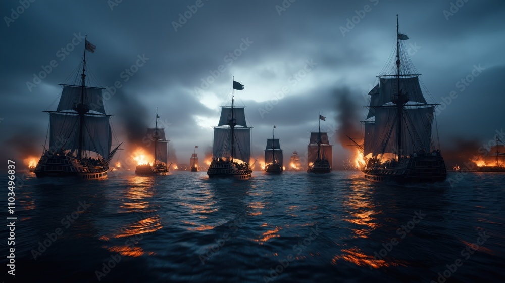 Dramatic naval battle scene with multiple tall ships engaging in combat ...