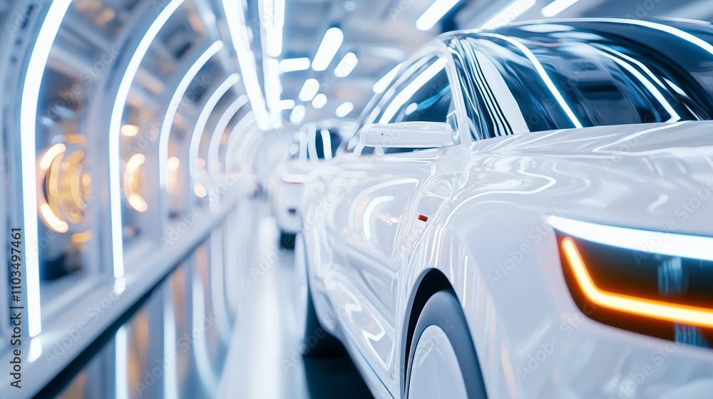 Inside a futuristic car manufacturing plant, a row of agile robots ...