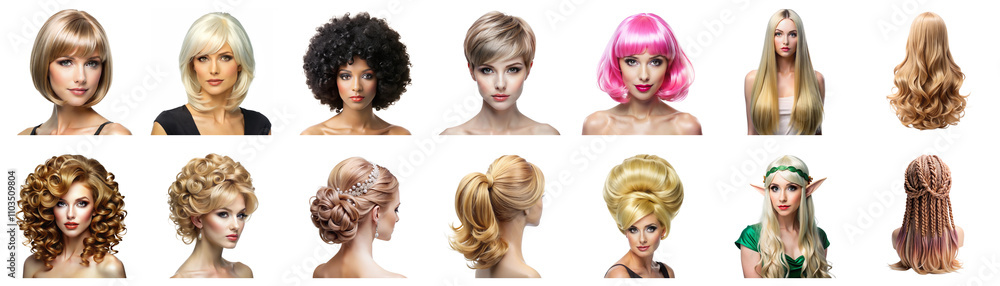 Various wigs isolated on transparent background. Afro, braided, bridal ...