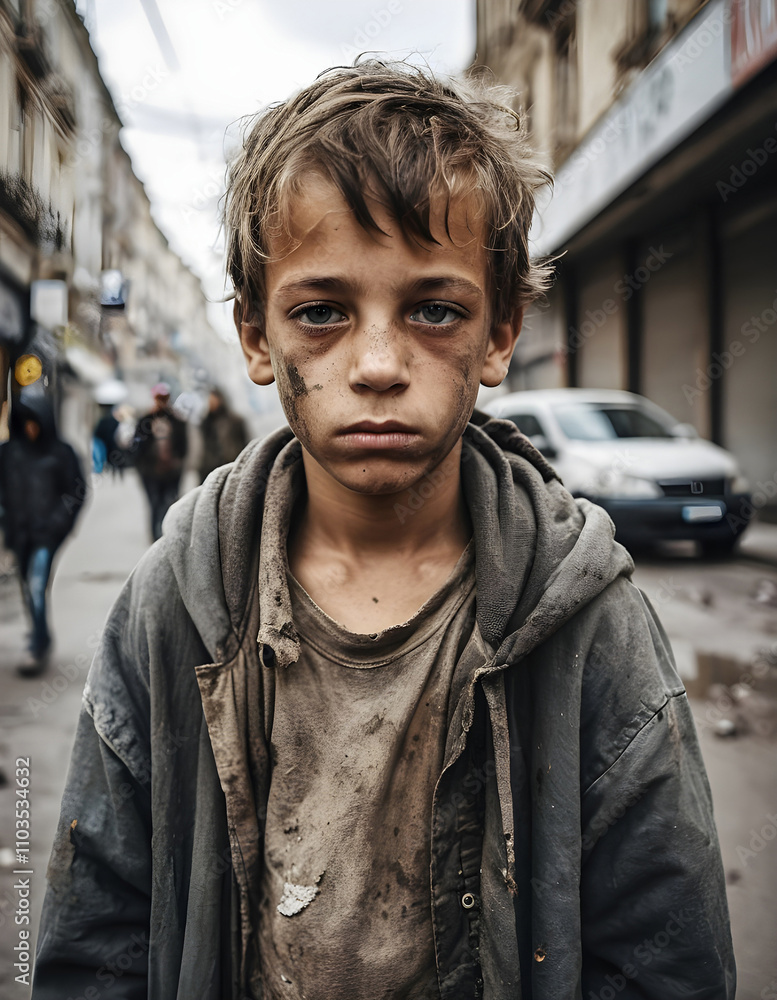 Homeless kid portrait sitting on the street. Homelessness, child abuse ...