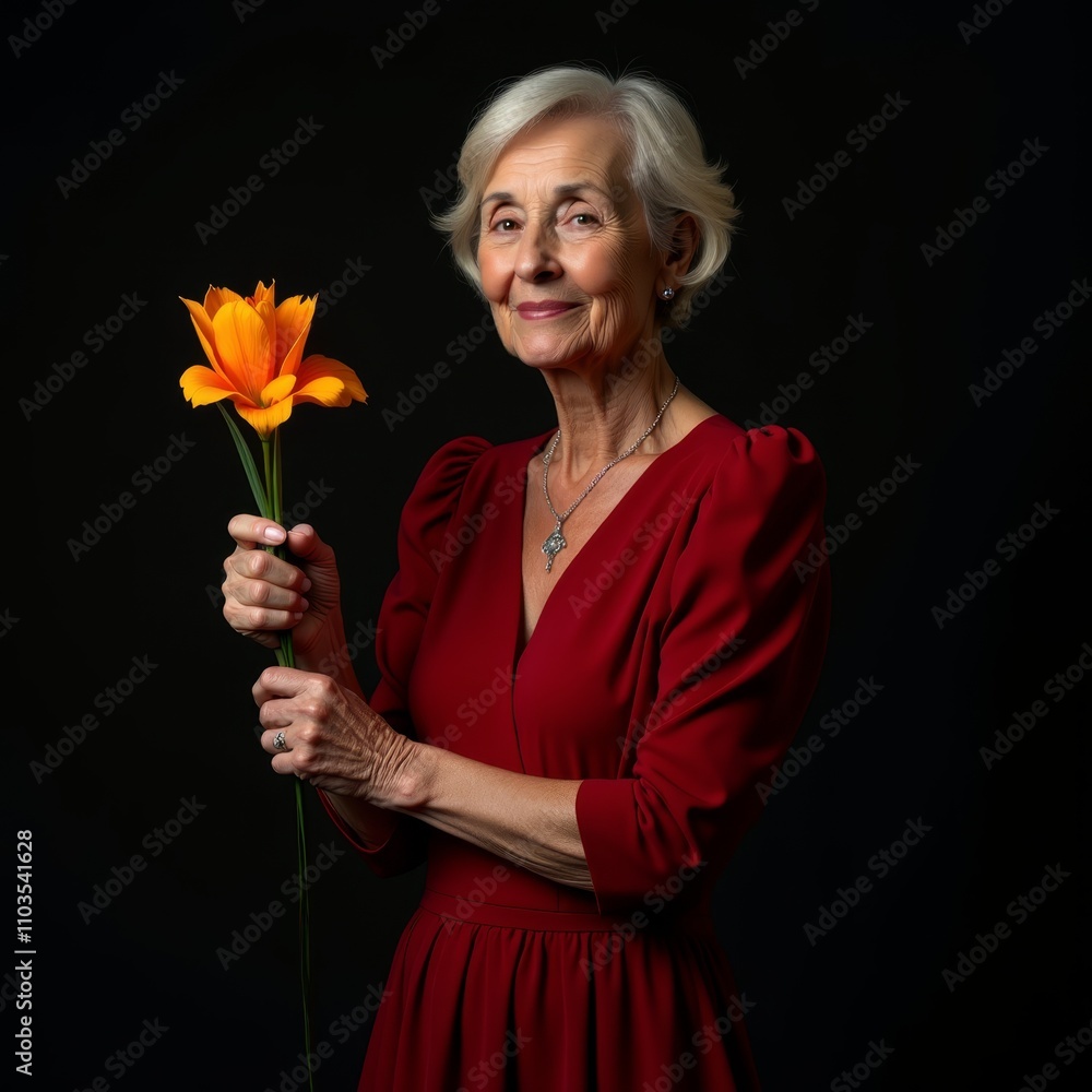 Senior woman holds a saffron flower, white hair, head and torso ...