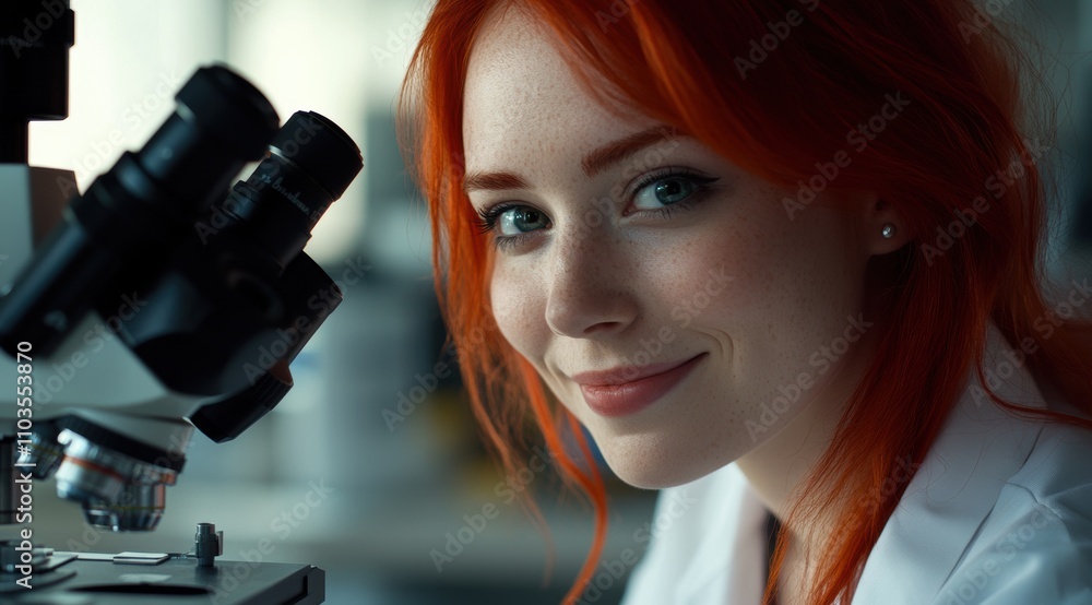 A beautiful young woman with red hair, wearing a white lab coat, smiles ...
