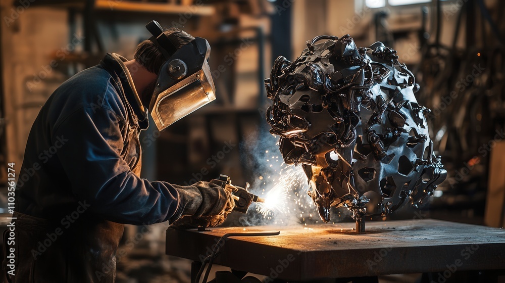 A blacksmith welding together parts of an iron sculpture, using a torch ...