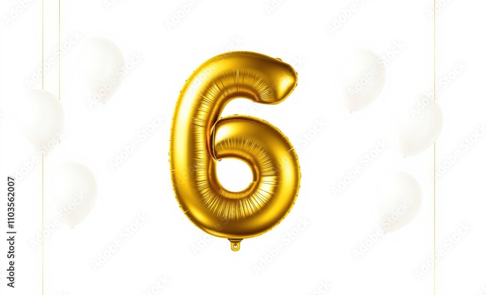 Gold foil number 6 balloon frame isolated on transparent or white ...