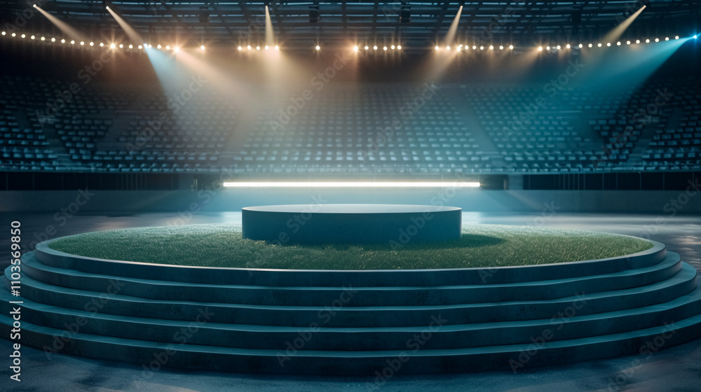 Podium in the center of a stadium, surrounded by empty seats and light ...
